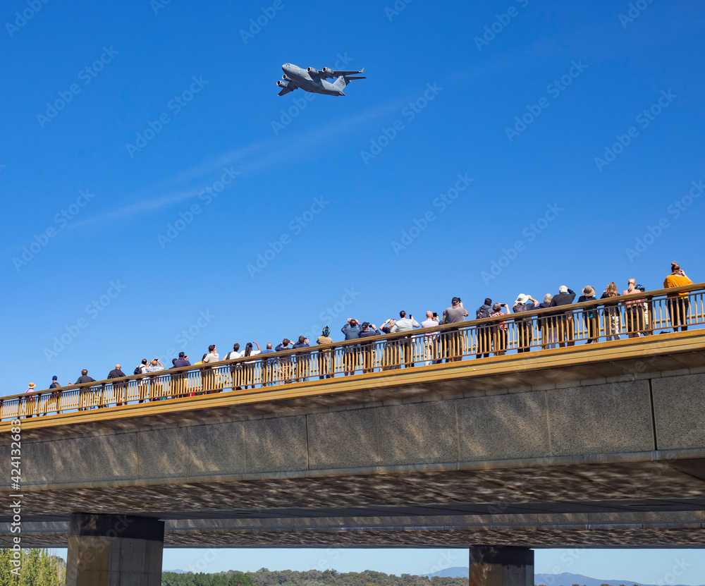 Aircraft bombers flying overhead at Lake Burley Griffin during an ...