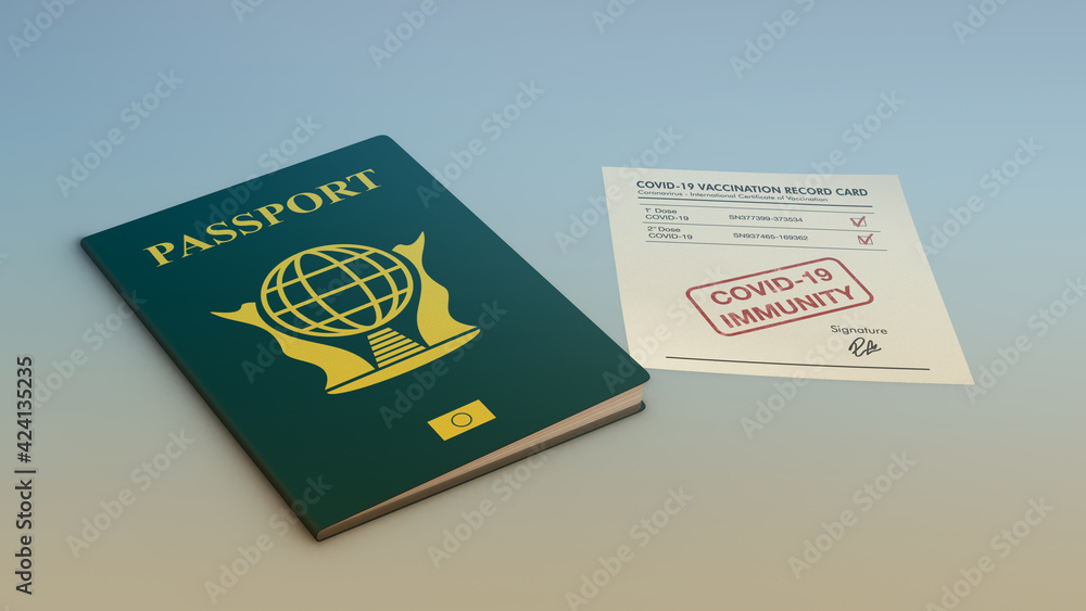 passport with a vaccination record card, covid-19 immunity. Note that ...