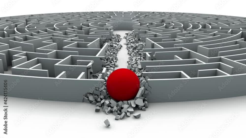 3d animation of the maze with a red ball that destroys the walls moving ...