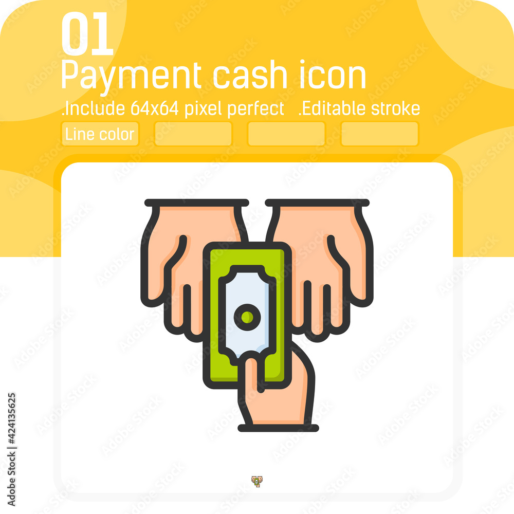 Payment cash hand vector icon with line color style isolated on white ...