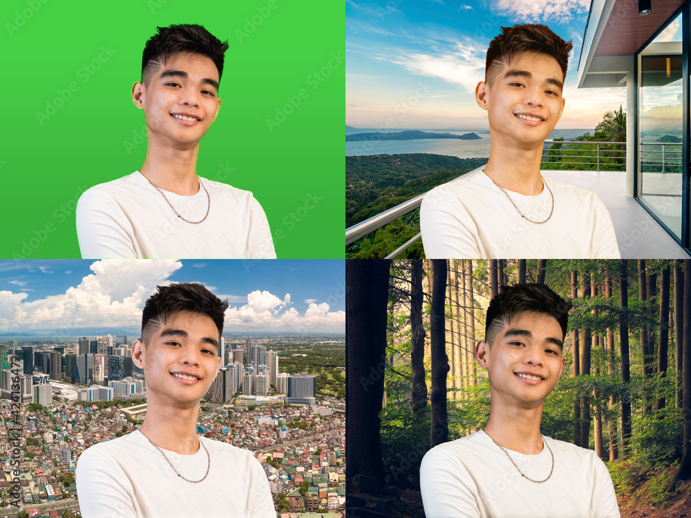 A young asian vlogger with a greenscreen background on the upper right ...