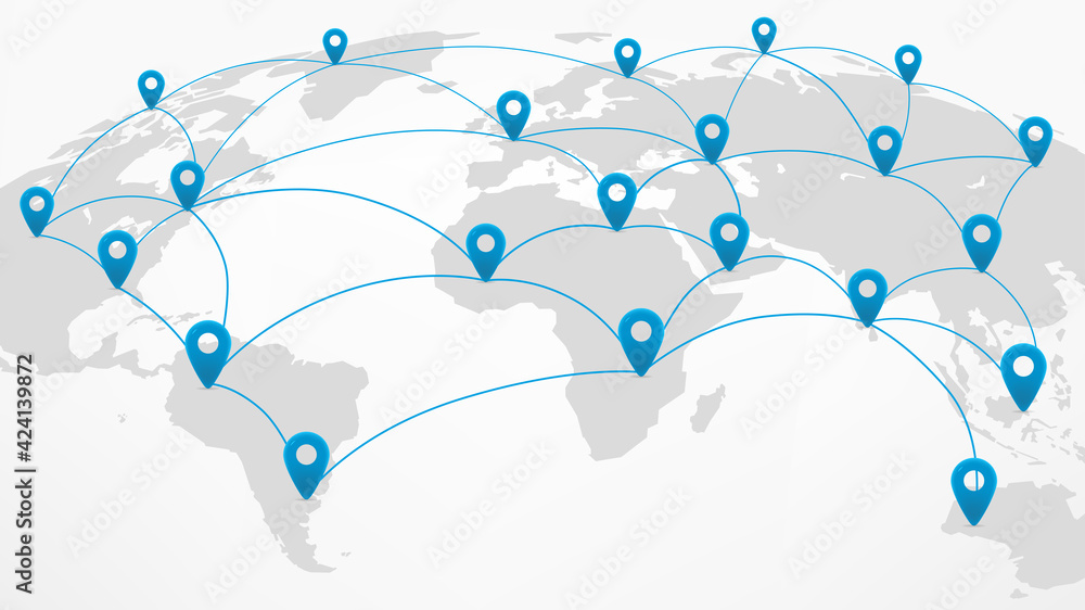 World network abstract scheme on world map with pins Stock Vector ...