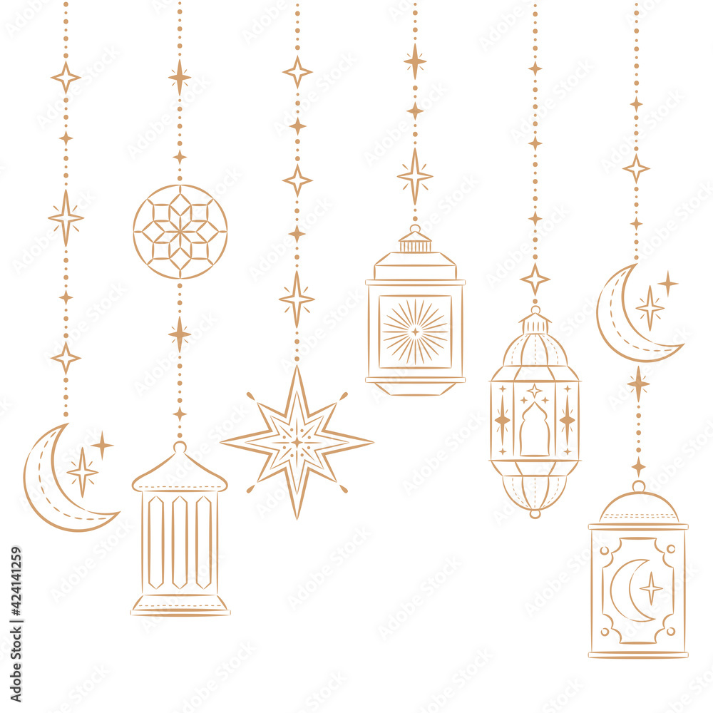 Hanging decorative lanterns, stars and moons. Beautiful festive design ...