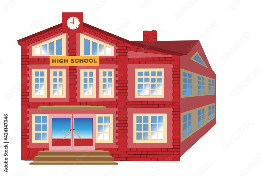 Beautiful high school building in realistic style. With large doors and ...