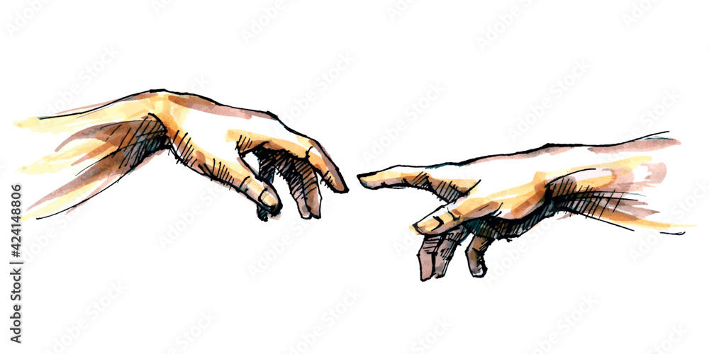 The creation of Adam by God. Hands. Fingers. A touch of God. A fragment ...