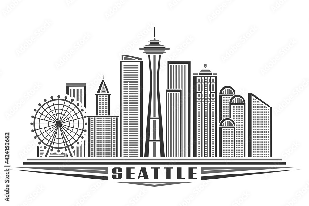 Vector illustration of Seattle, monochrome horizontal poster with ...