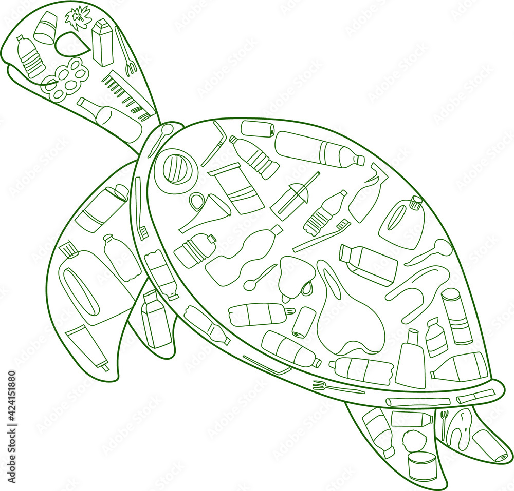 Vector illustration of plastic in the middle of a turtle. Environmental ...