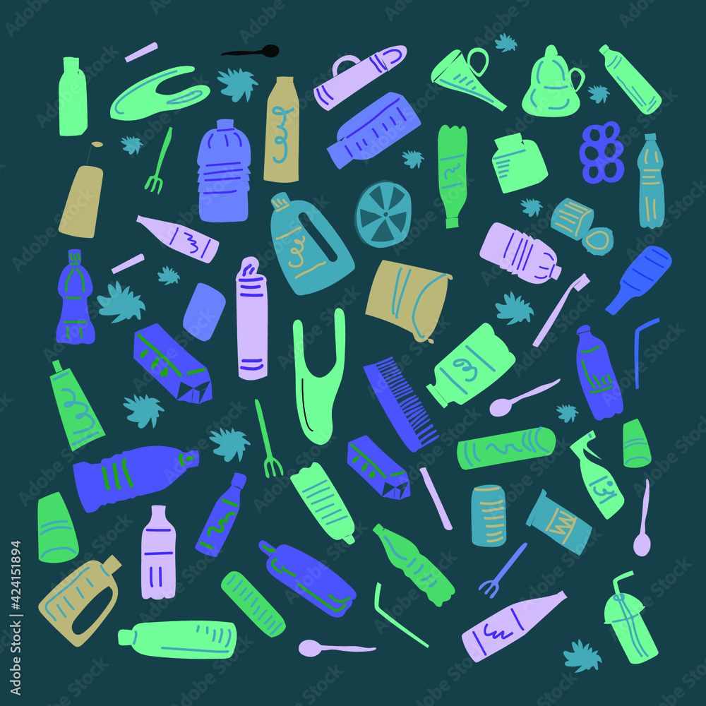 Vector illustration of plastic floating in the ocean. Environmental ...