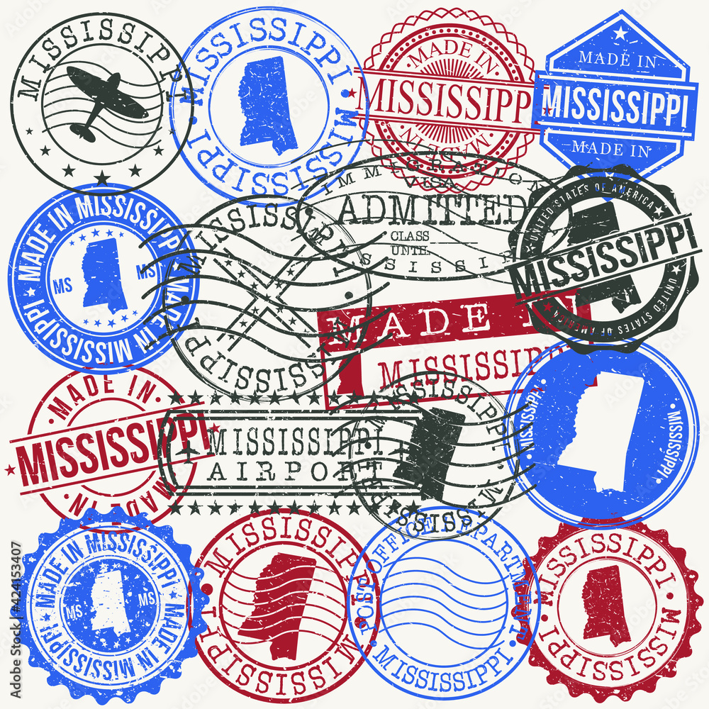 Mississippi, USA Set of Stamps. Travel Passport Stamps. Made In Product ...
