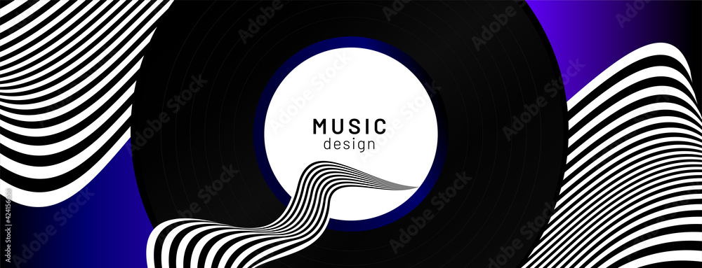 Abstract music background with record and black-white striped lines ...