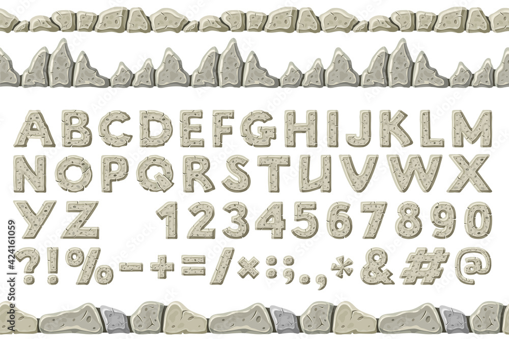 Cartoon rock alphabet font, punctuation marks. Stone age character ...
