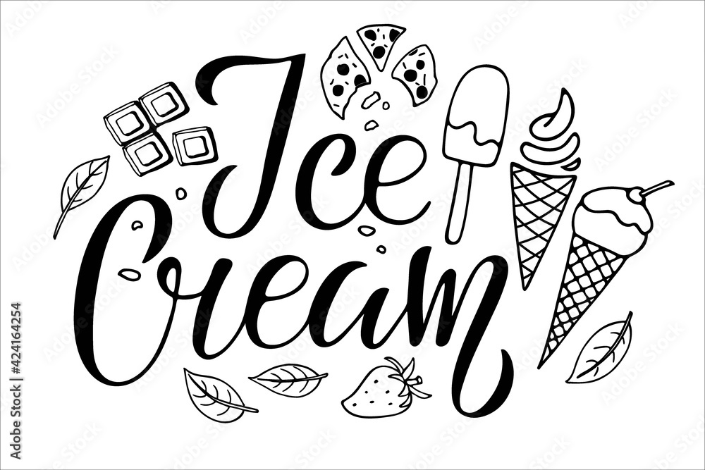 Ice Cream text with different versions of ice cream and sweets. Hand ...