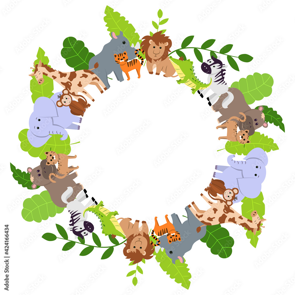 Seamless frame with wild animals. Elephant, lion, rhino, hippo, giraffe ...