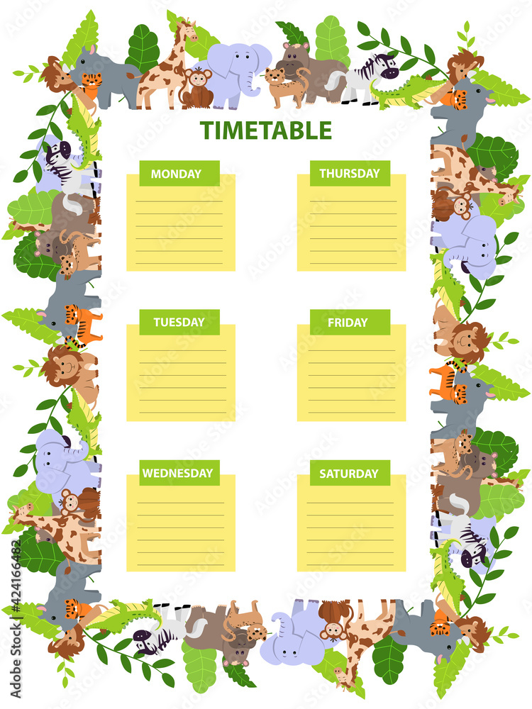 Kids school timetable template with wild animals. Elephant, lion, rhino ...