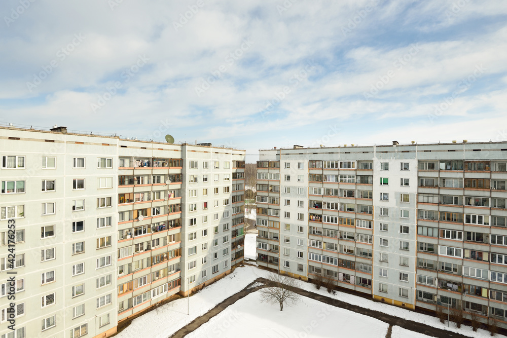 Soviet era block panel houses. Cloudy blue sky, dramatic cloudscape ...