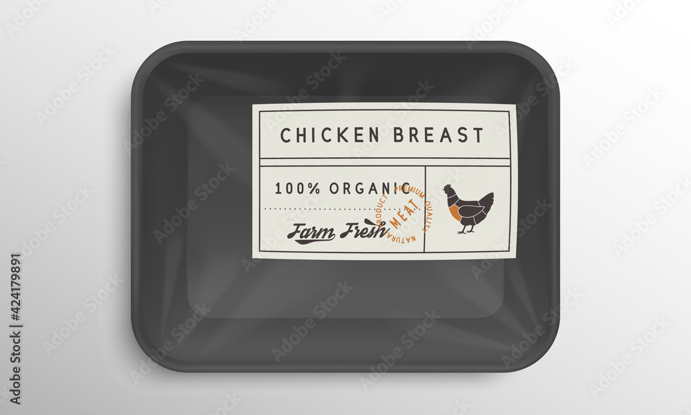 Vector Meat plastic box mockup. Chicken meat label with hen silhouette ...