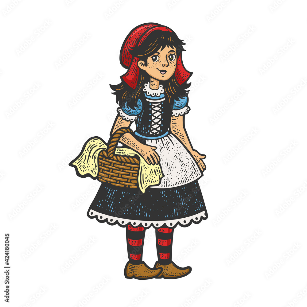 Little Red Riding Hood girl character color sketch engraving vector ...