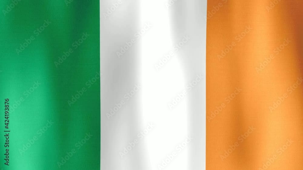 flag of Ireland in motion fluttering in light breeze. Wind waves sway ...