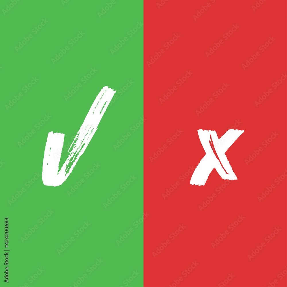 Check marks hand drawn style. Green Tick and red x. Approval vote ...