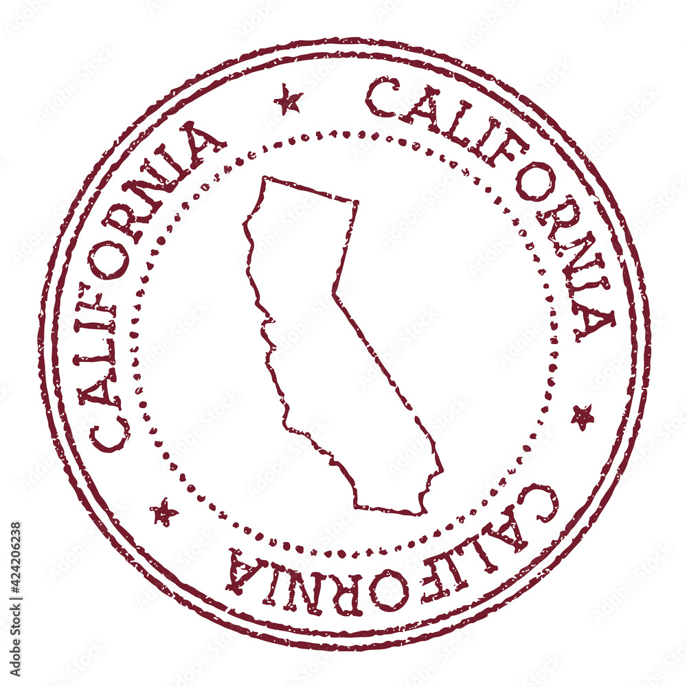 California round rubber stamp with us state map. Vintage red passport ...