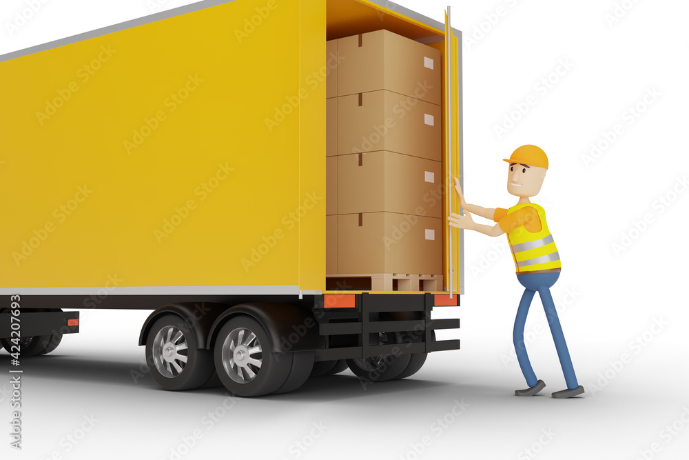 Truck driver closing the doors of the trailer with full load of parcels ...