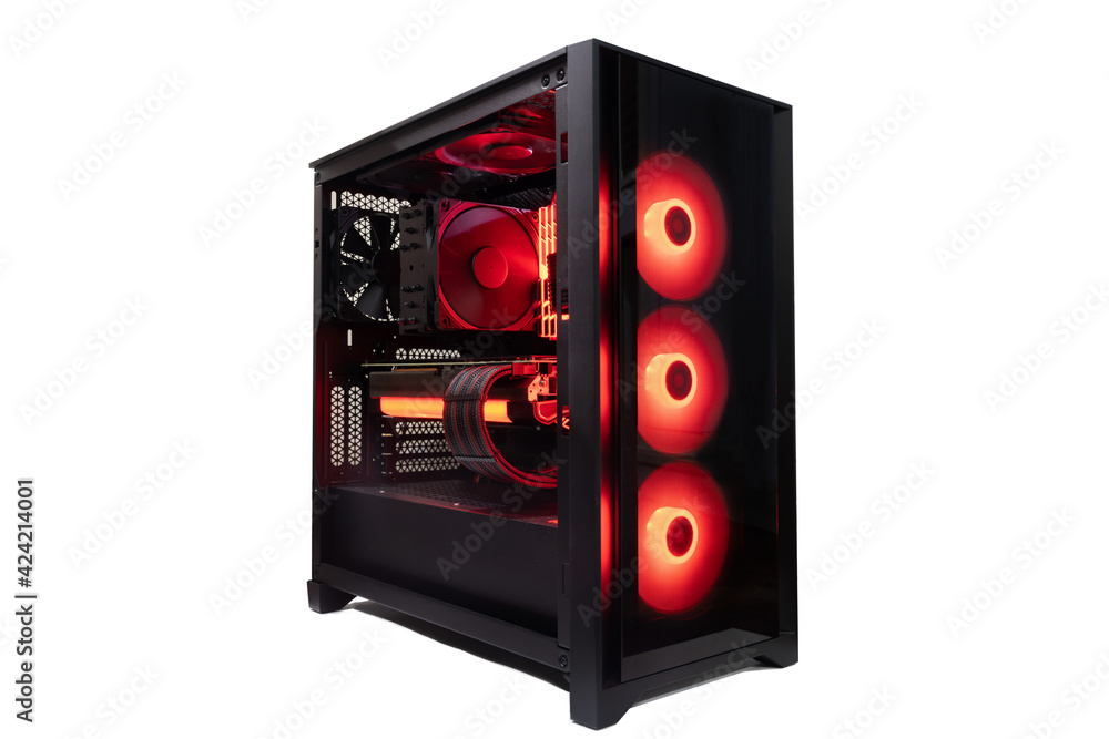 Isolated Black Destop Computer Middle Size Tower with Red LED RGB Light ...