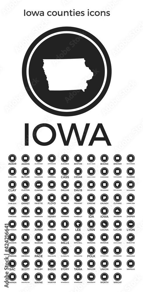 Iowa counties icons. Black round logos with us state counties maps and ...