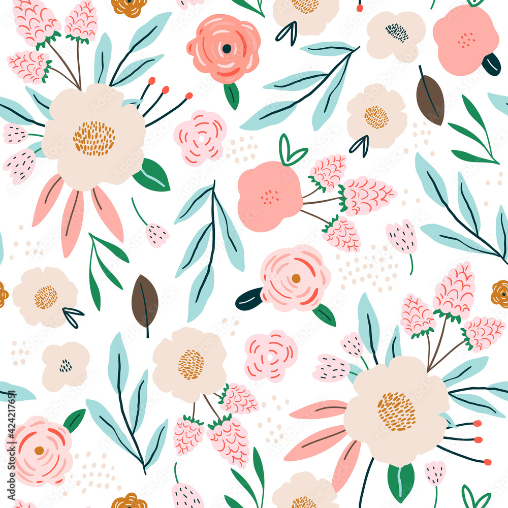 Seamless spring pattern with flowers, berries and leaves. Creative ...
