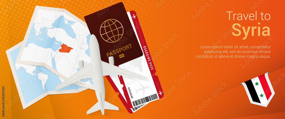Travel to Syria pop-under banner. Trip banner with passport, tickets ...