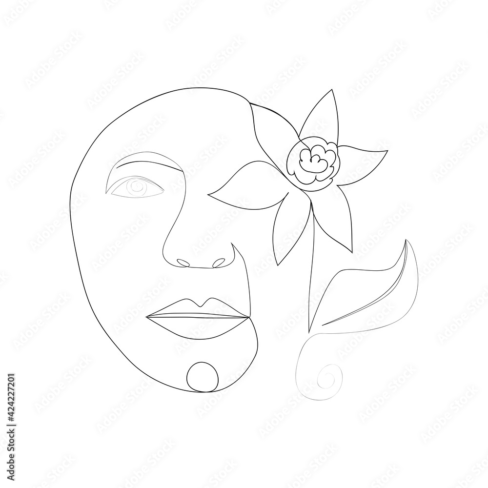 Woman face with flowers one line drawing. Half of the face is a flower ...