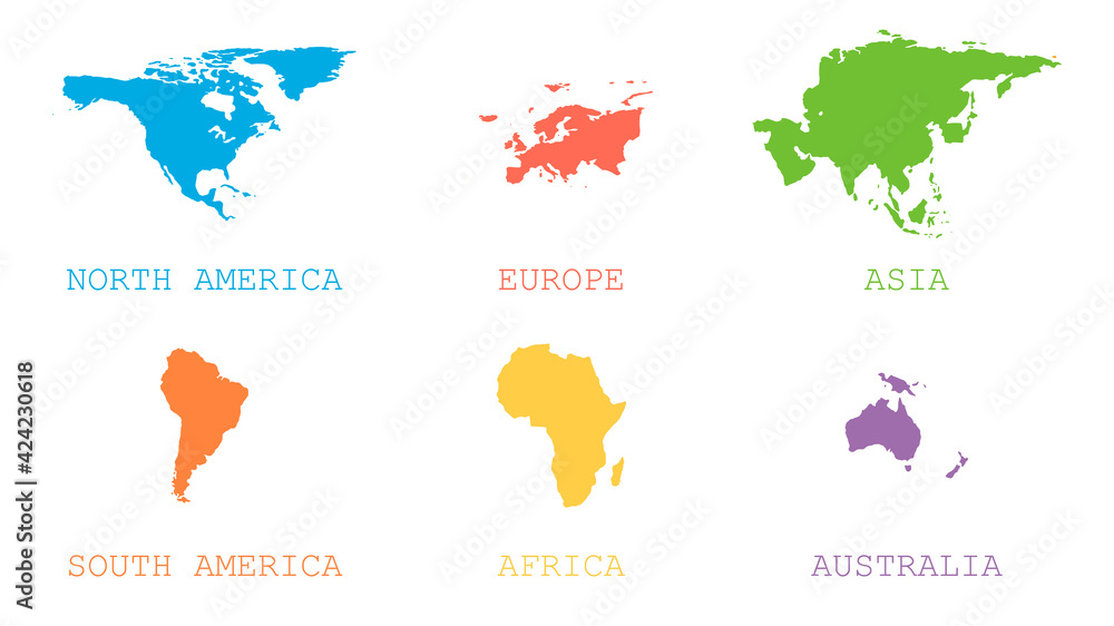 World map with continents of different colors. Continents of the world ...