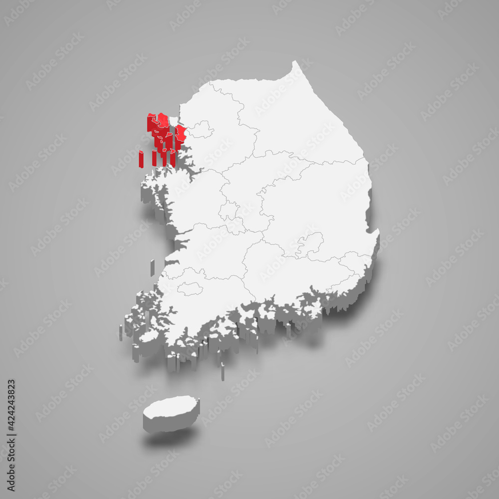 Vetor de Incheon region location within South Korea 3d isometric map do ...