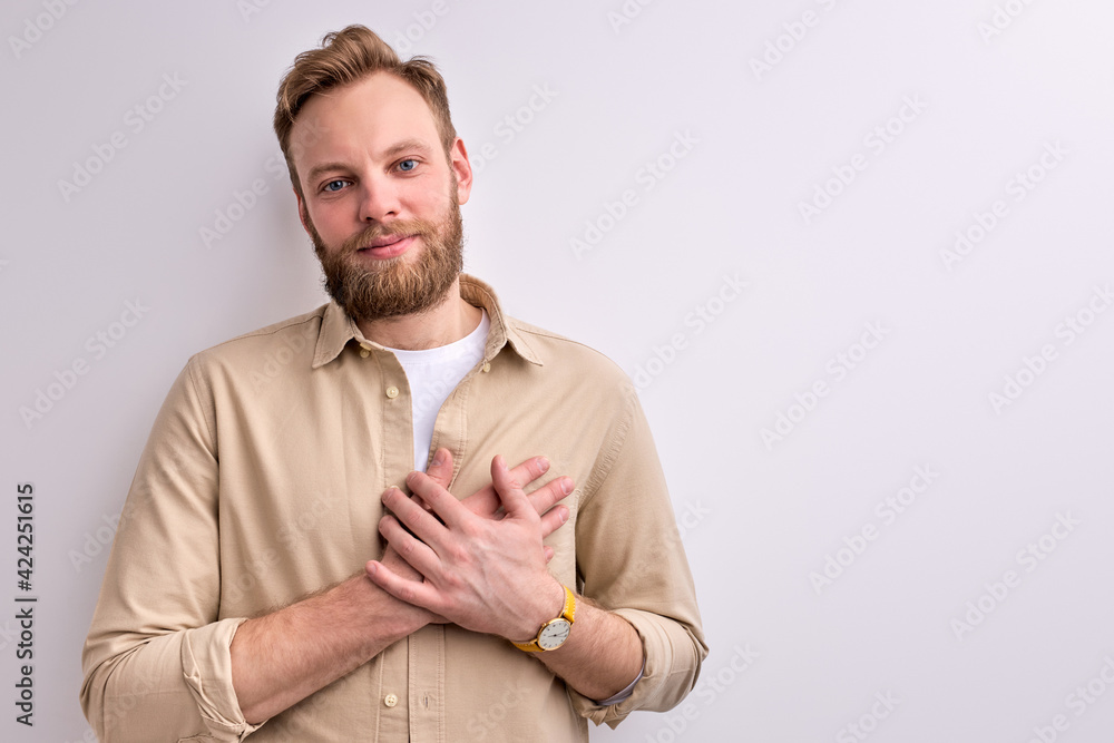 Nice Affable Kind Man Greeting, Expressing Gratitude Holding Hands On ...