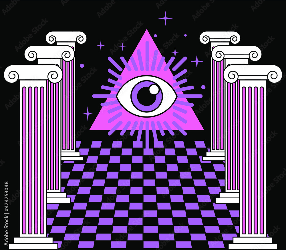 Surreal vaporwave landscape with a checkerboard floor, ancient columns ...