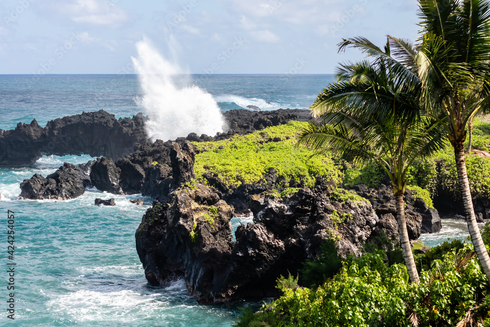 Powerful waves crash into the formations in the volcanic rock at ...