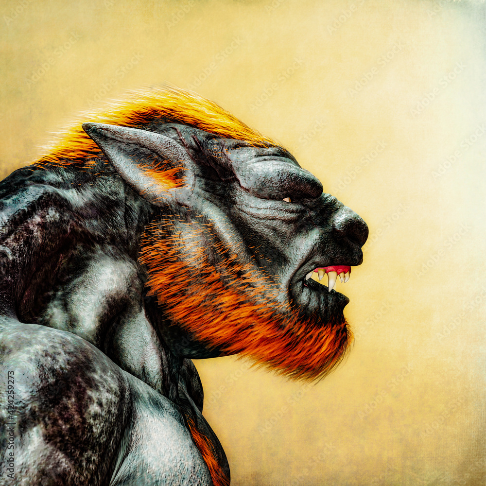 Werewolf Lycan side view portrait growling and angry. Looking for its ...