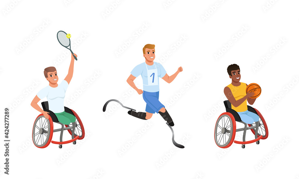 Disabled People Doing Sports Set, Male Athletes Playing Tennis ...