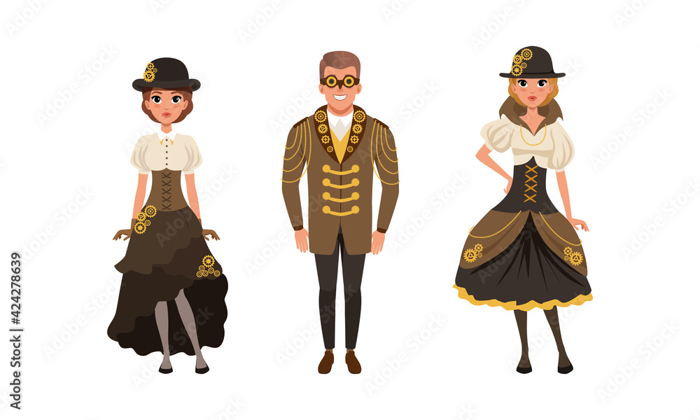Set of Stylish People Wearing Retro Steampunk Outfit, Steampunk Party ...