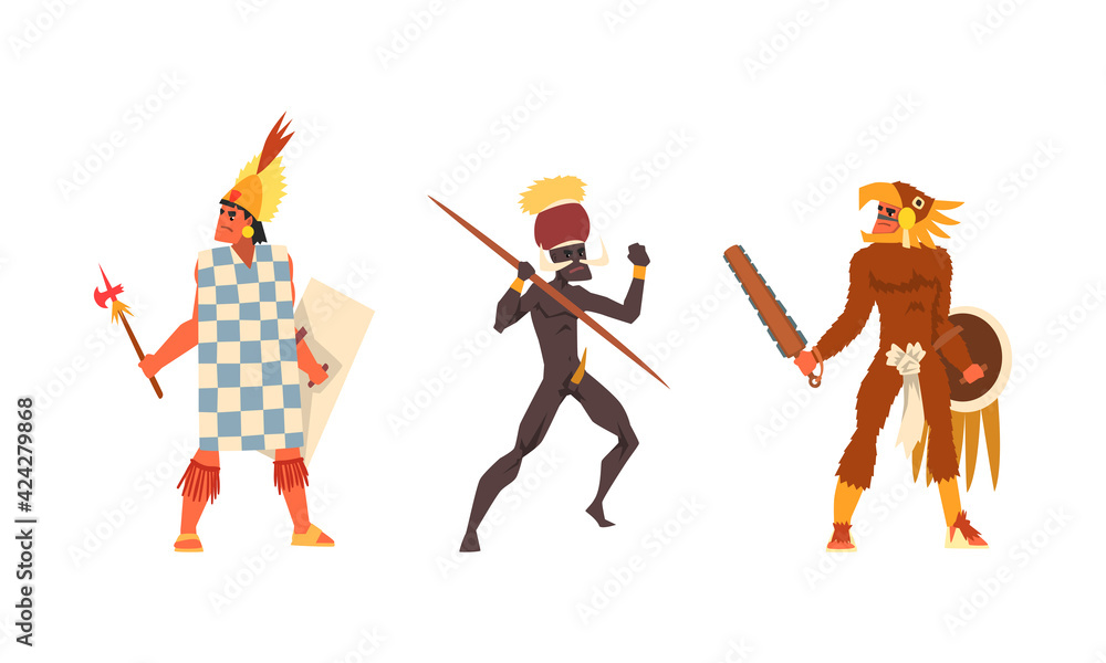 Set of Aboriginal or Indigenous Warriors, African and Indian Men ...