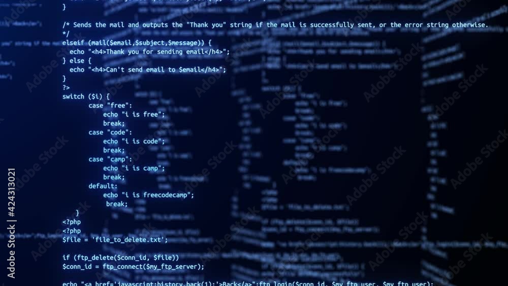 4k Programming Code Running Over Computer Screen Terminal Hacking Animation Technology
