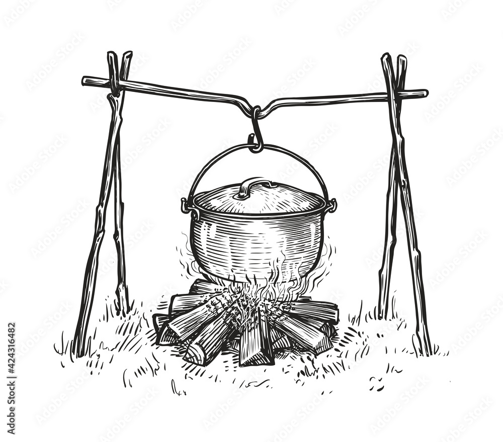 Pot on campfire sketch. Cooking in a cauldron on flame. Hand drawn ...