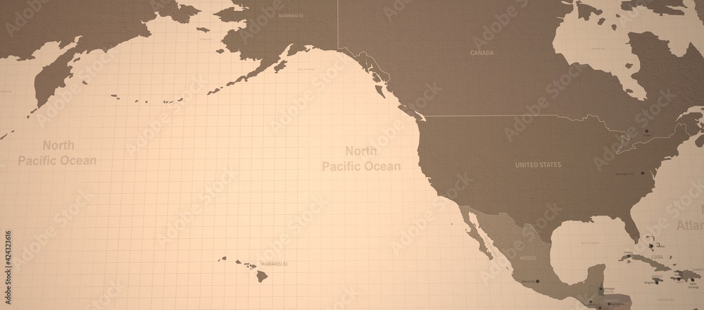 North pacific ocean and neighboring countries map. Old map 3d ...