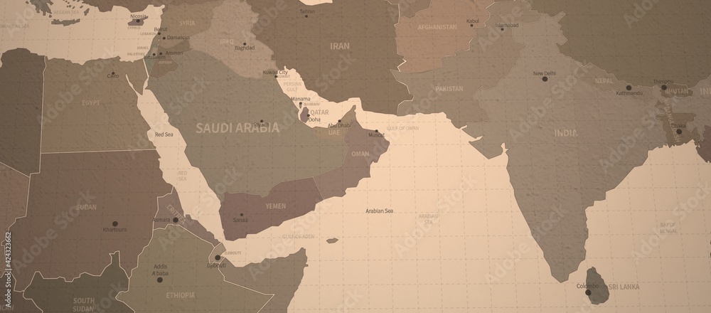 Red sea-Arabian sea and neighboring countries map. Old map 3d ...