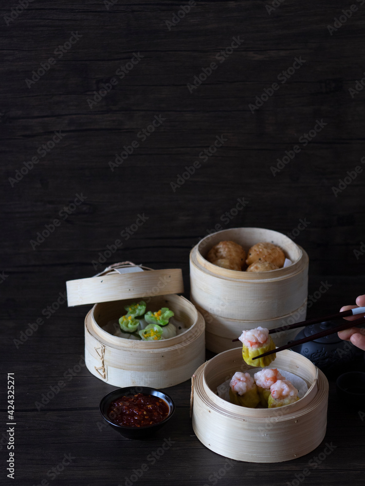 Assorted Dim Sum on Dark Background with copy space. Dim Sum Dark Food ...