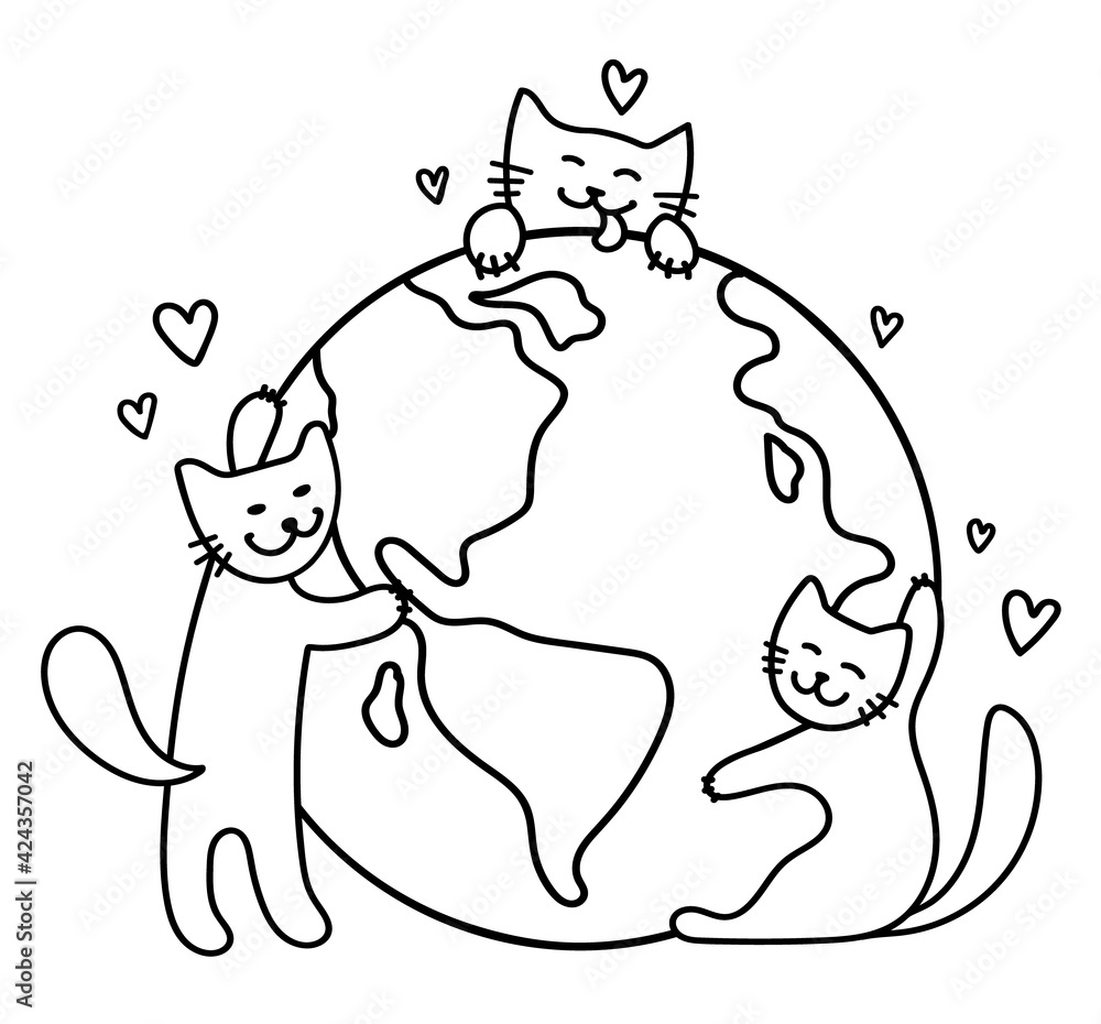 Three cute cats hug the globe. Cats love and take care of the Earth ...