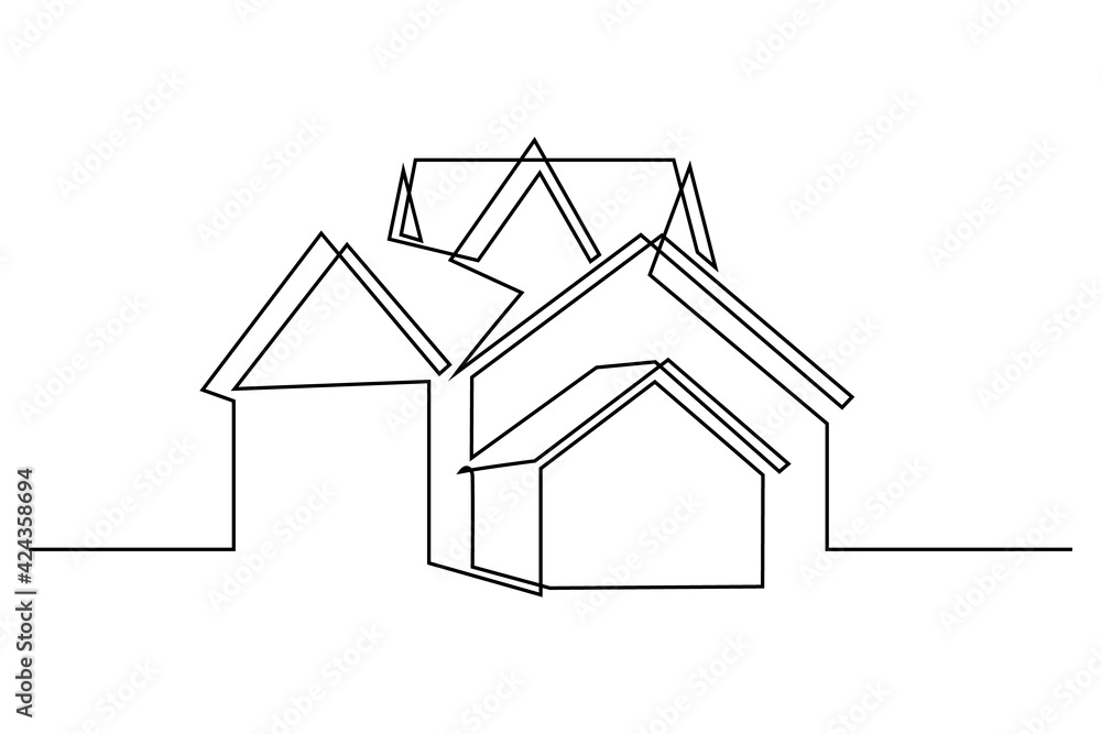 Group of houses in continuous line art drawing style. Abstract ...