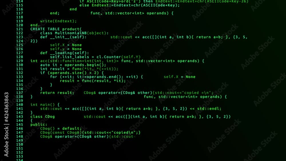 Programming Code On Black Screen Loop Animation Background A Programmer Writes A Program