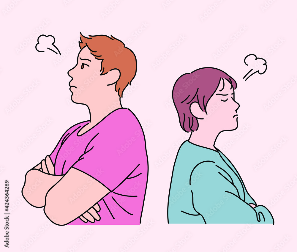 The two couples are turning their backs and getting angry. hand drawn ...