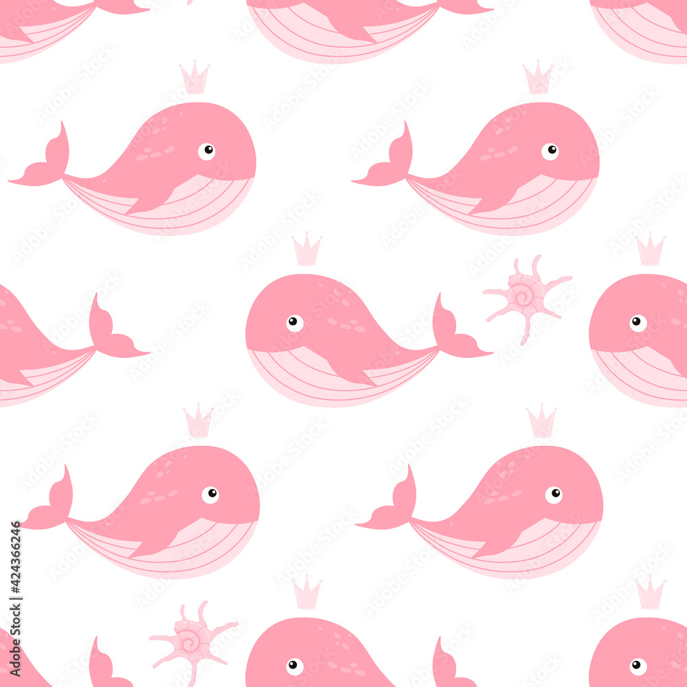 Seamless background with whales. Pink whale cartoon character sea theme ...
