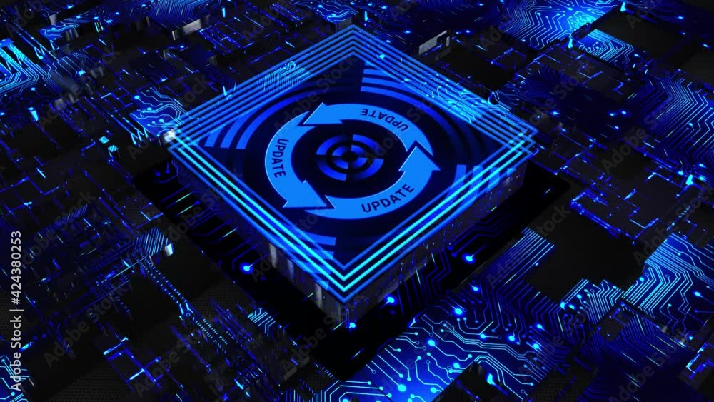 Technology background in abstract motion - rotating update sign with UPDATE lettering on ...